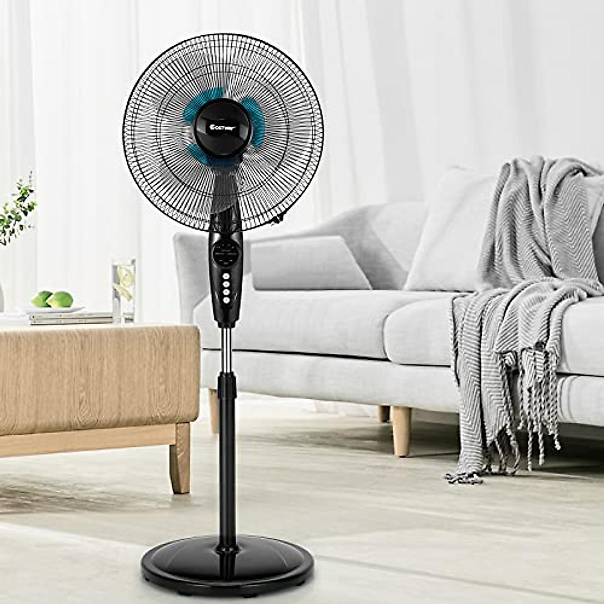 COSTWAY Pedestal Fan, 18-Inch Adjustable Height Fan, 3-Speed Digital Control, Timer, LCD Display, Double Blades, Remote Control, Quiet Oscillating Stand Fan for Home, Office, Bedroom