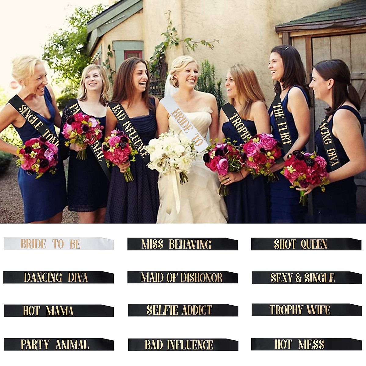 Snsowed 12 Pack- Bachelorette Party Bride To Be Sash- Unique Bride Bridesmaid Sashes for Bachelorette Party (Black, Rose Gold Letters)