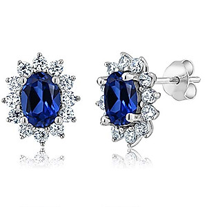 Gem Stone King 925 Sterling Silver Oval 7X5MM Gemstone Birthstone Stud Earrings Princess Diana Royal Halo Style For Women Anniversary Wedding Birthday