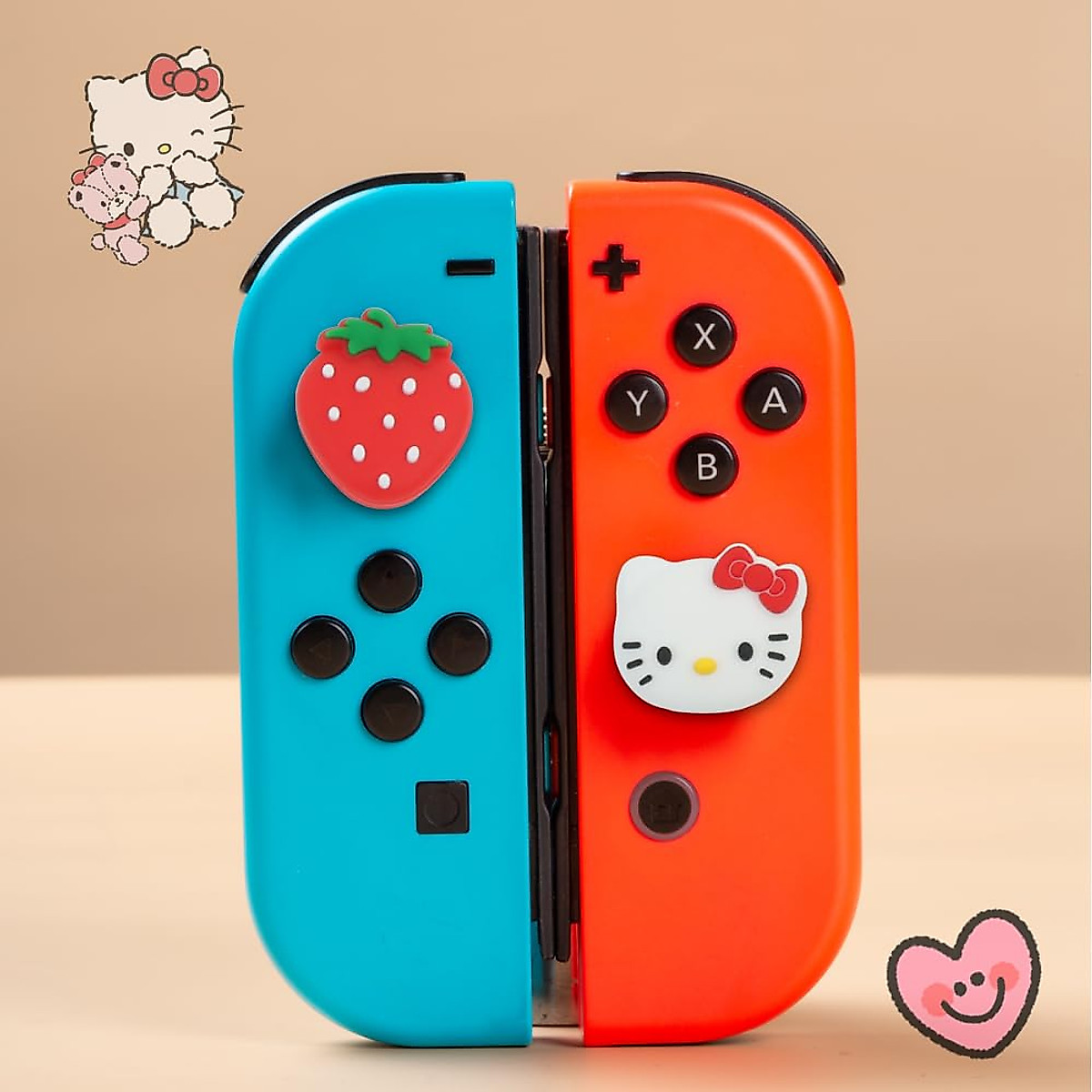 PERFECTSIGHT Switch Thumb Grips Caps, Cute Kitty Joystick Caps for Nintendo Switch/Lite/Switch OLED, 4 PCS Thumbstick Cover, Analog Stick Button Cover for NS Joycon Controller Accessories,Strawberry