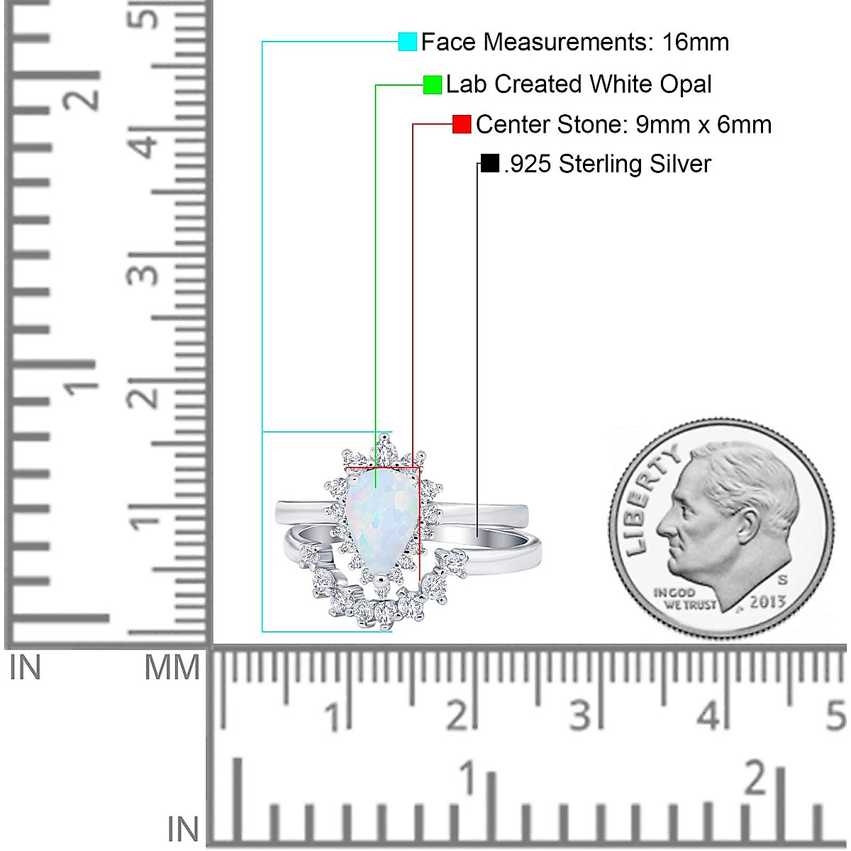 Blue Apple Co. Lab Created White Opal Size-6 Teardrop Two Piece Bridal Set Art Deco Vintage Round Cubic Zirconia 925 Sterling Silver