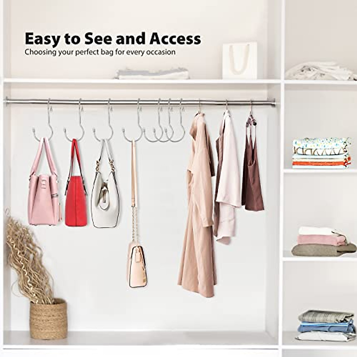 Myfolrena Purse Hangers Bag Hooks Closet- 12 Pack Handbag Hanger Organizer Metal S Hooks, Large Size Closet Rod Hooks for Hanging Handbags,Clothes, Curtain, Plant, Pans and Pots