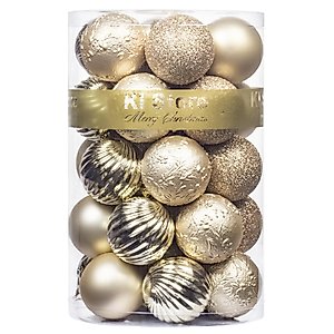 KI Store Champagne Christmas Balls 34pcs 2.36-Inch Christmas Tree Decoration Ornaments for Xmas Tree Holiday Wreath Garland Decor Ornaments Hooks Included