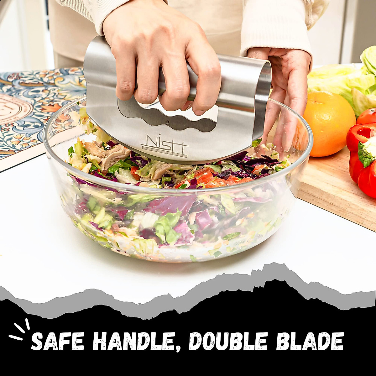 Nish Salad Choppers Mezzaluna Choppers with Protective Cover Mincing Knives Vegetable Knife Mezzaluna Mincer Double Blade Stainless Steel for Home Kitchen & Restaurant