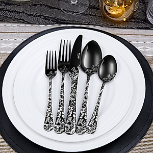 Fivent 24-Piece Black Butterfly Silverware Set, Service for 4, Stainless Steel Flatware Set with Steak Knives, Mirror Polished Cutlery Set, Hand Wash Recommended…