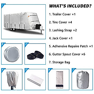 FRUNO Oxford Cloth Travel Trailer RV Cover 27'8"-30' Waterproof Rip-Resistant Anti-UV Camper Cover for Winter Snow with Jack Cover 4 Tire Covers and Gutter Covers