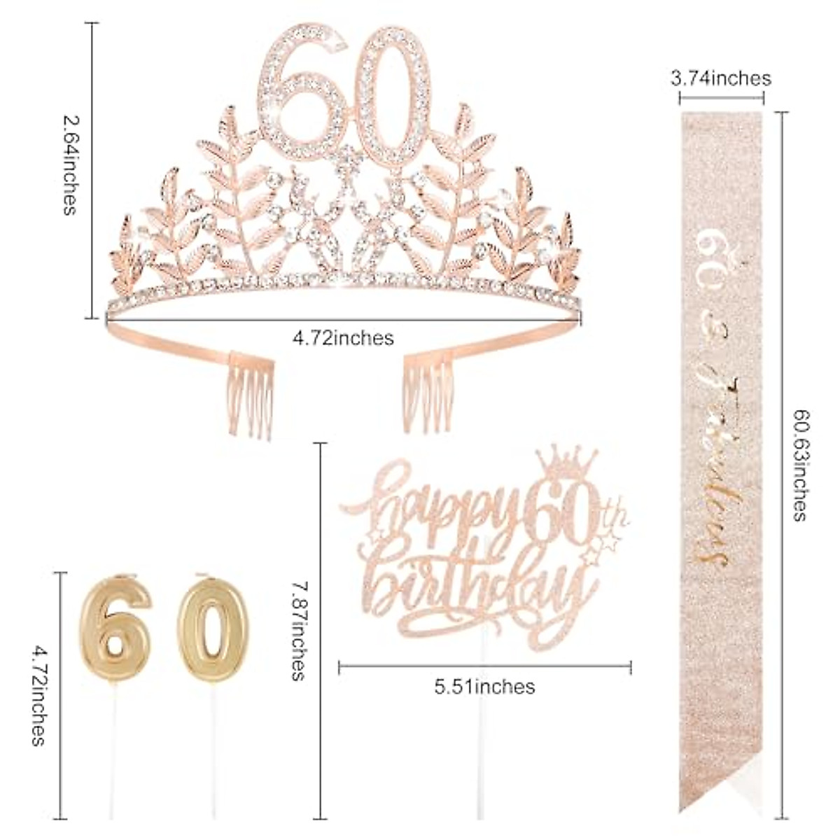 CURASA 60th Birthday Decorations Decor for Women Rose Gold 60 Birthday Sash and Crown Rhinestones Tiara 60 & Fabulous Sash 60th Birthday Cake Topper 60th Birthday Candles 60th Birthday Gifts for Women