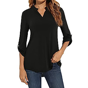 Zattcas Womens Floral Printed Tunic Shirts 3/4 Roll Sleeve Notch Neck Tunic Top,Solid Black,XX-Large