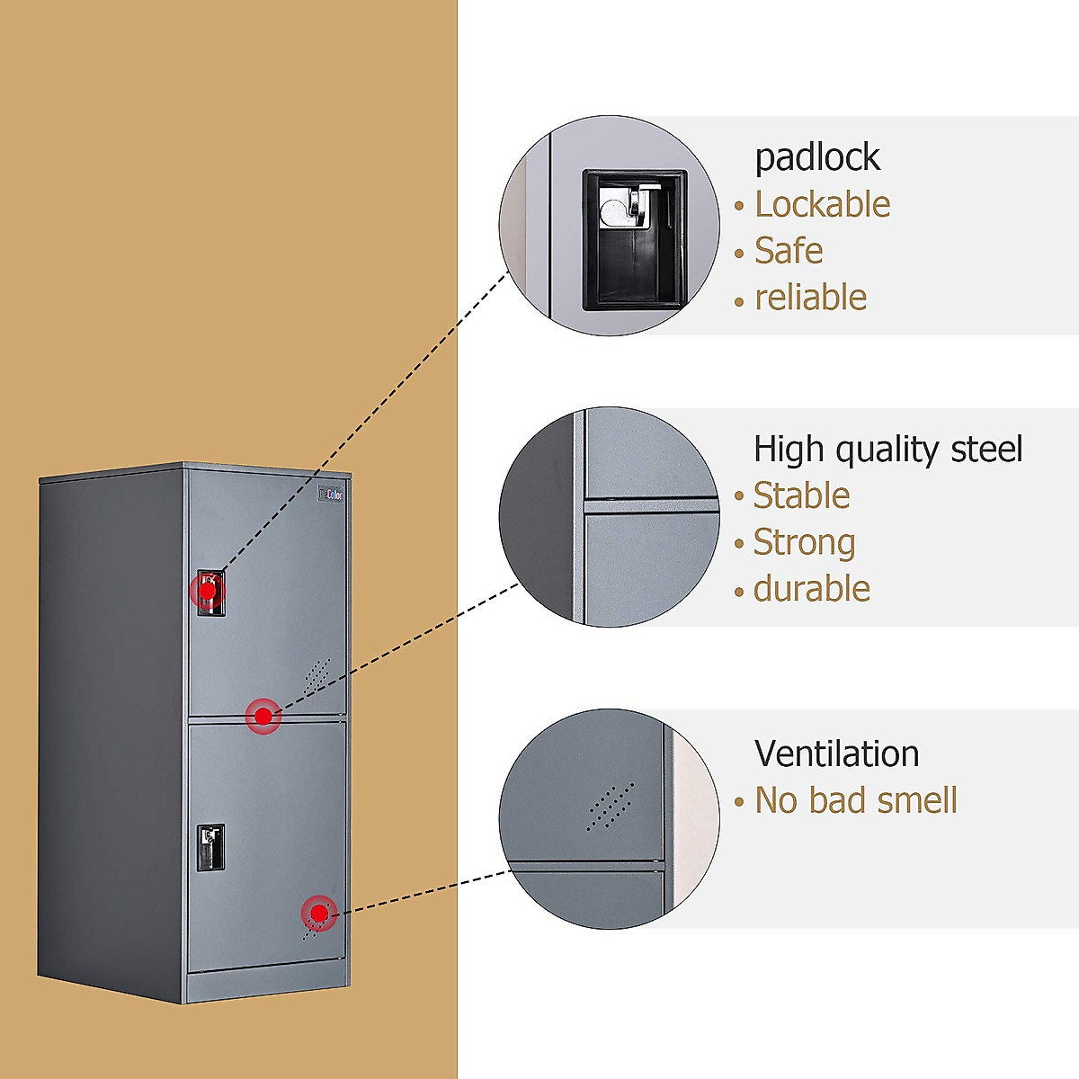 MECOLOR Vertical Single Tier Small Locker with Padlock latche 2 or 3 Compartment Storage for Employee,Home,Office,School,Kids (Dark Grey, P2V)