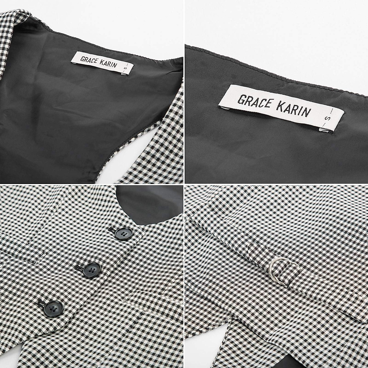 GRACE KARIN Women's Outerwear Vests Fully Lined Blazer Dressy Vest Coat for Work(S, Black-White Plaid)