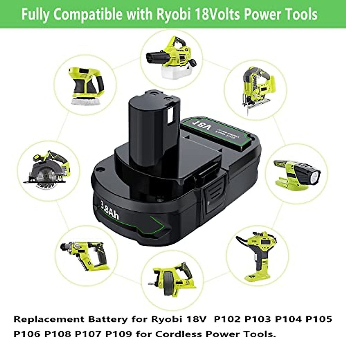 Bonacell 2Pack 【Upgrade】 18V 3800Ah Replacement Battery for Ryobi 18V Lithium Battery ONE+ Plus P102 P103 P104 P105 P106 P108 P107 P109 for Cordless Power Tools