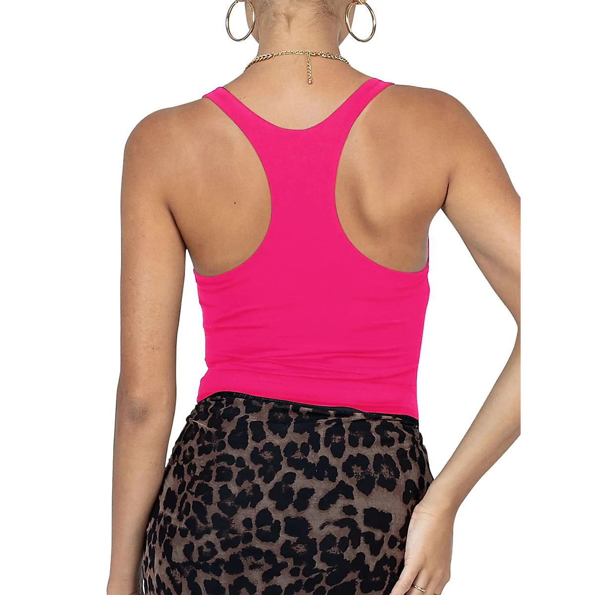 REORIA Women's Summer Sexy Casual V Neck Racer Back Double Lined Seamless Sleeveless Slimming One Piece Leotards Going Out Trendy Tank Top Thong Bodysuits Neon Rose Red Medium