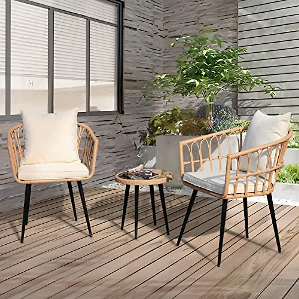 SoarFlash 3 Pieces Outdoor Wicker Bistro Set Rattan Conversation Set with Coffee Table, Patio Chair Set for Lawn, Garden,Backyard, Beige