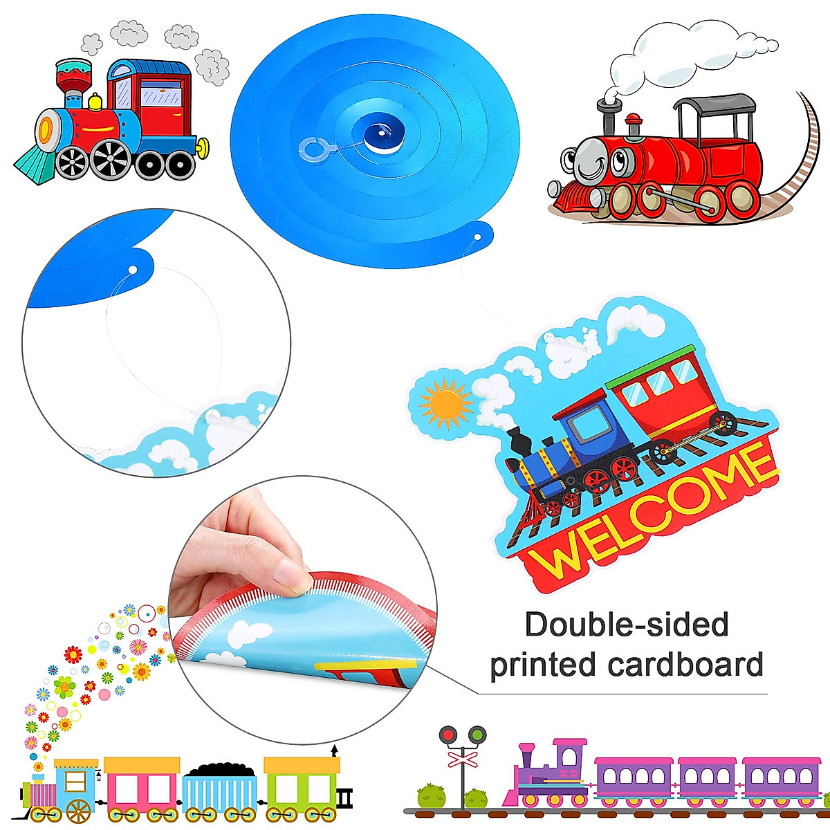 51 Pieces Train Birthday Party Supplies Decorations Transportation Hanging Swirls Steam Train Ceiling Decor for Railroad Traffic Sign Party I'm Two Party Baby Shower Favors Supplies