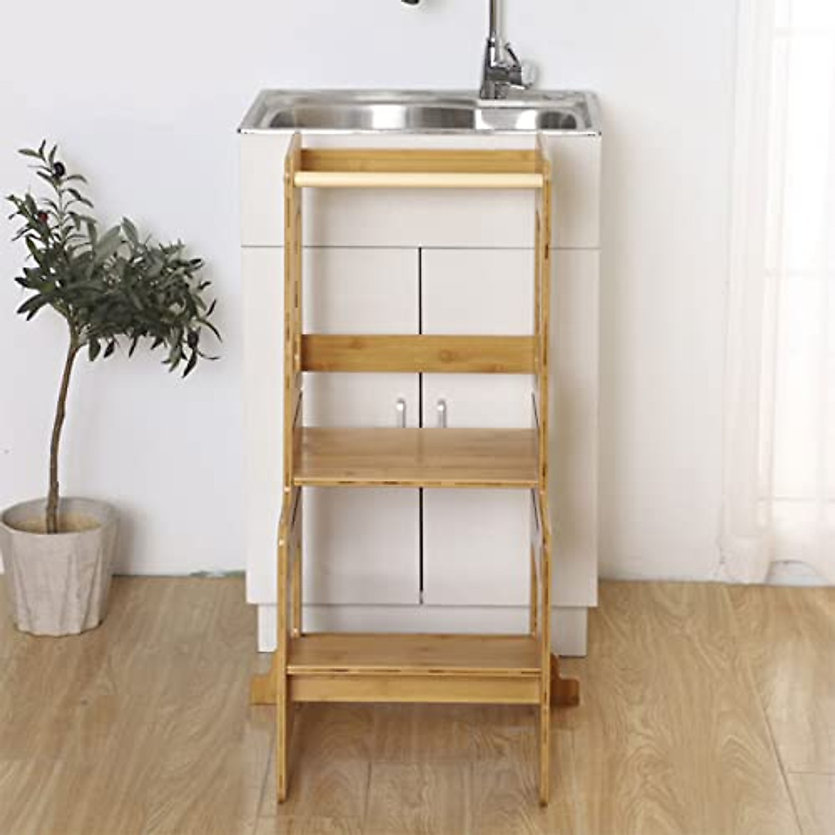 Abovehill Kids Step Stool Natural Toddler Kitchen Standing Study Stool 3 Height Adjustable Auxiliary Tower Toddler Stool for Kitchen Counter