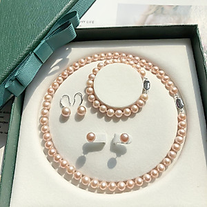 QuakerBrid Freshwater Cultured Pearl Set Jewelry for Women Includes Pearl Bracelet, Stud Earrings and Drop Dangle Earrings High Luster AAA Quality Genuine Round 8.0-9.0mm Pink Pearl Strand Necklace