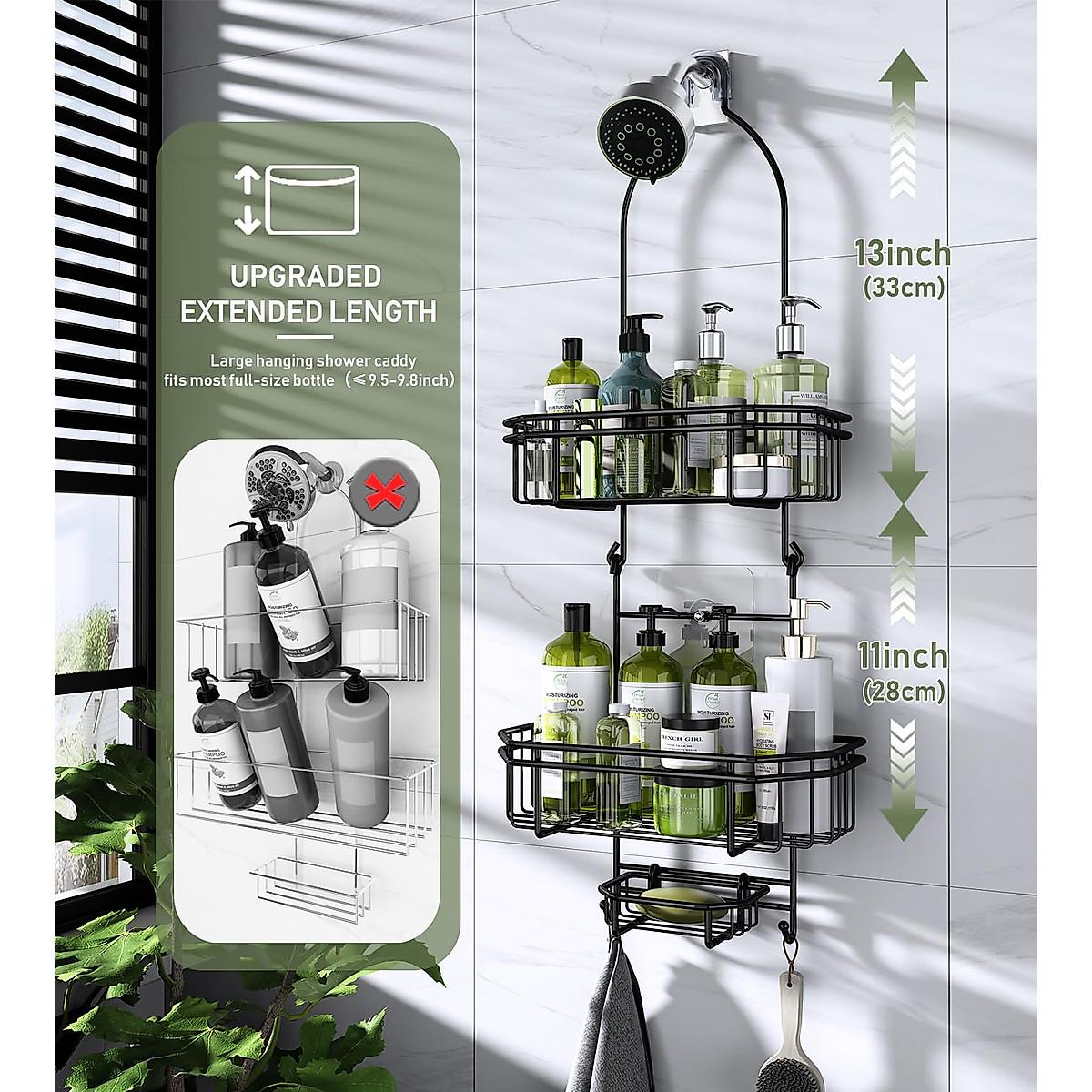 WXCGX Hanging Shower Caddy Over Shower Head Organizer: Stainless Rustproof Bathroom Shower Storage Rack Basket with Soap Holder, Hooks - Large Capacity Shower Shelf for Shampoo, Conditioner, Body Wash