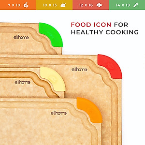 Elihome Premium Series 4-in-1 Kitchen Cutting Board Set, Non Slip Feet, Color Coded with Food Icon, Natural Wood Fiber, Dishwasher Safe, Eco-Friendly, Juice Grooves,Non Porous, BPA Free, Made in USA