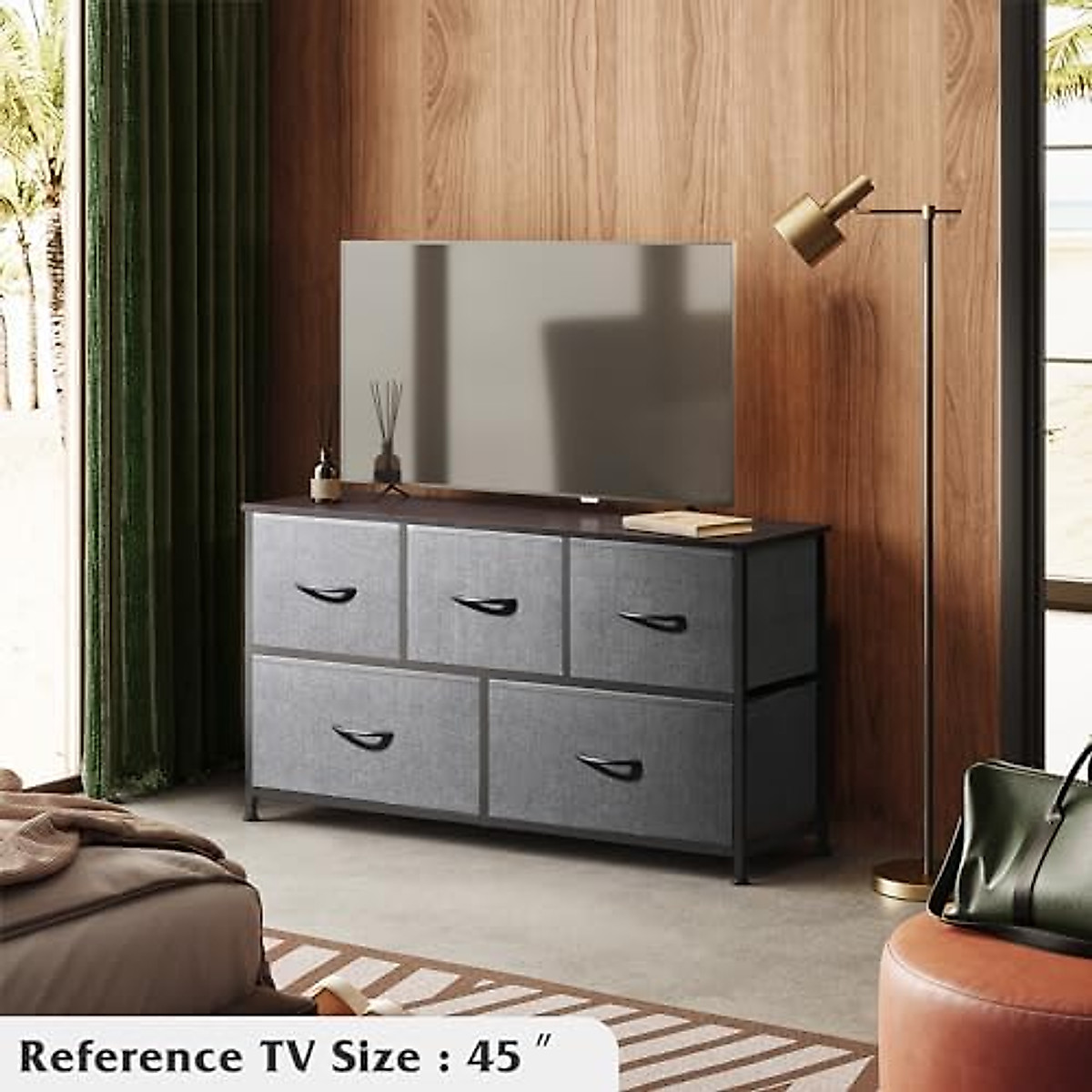 WLIVE Dresser for Bedroom with 5 Drawers, Wide Chest of Drawers, Fabric Dresser, Storage Organizer Unit with Fabric Bins for Closet, Living Room, Hallway, Nursery, Dark Grey