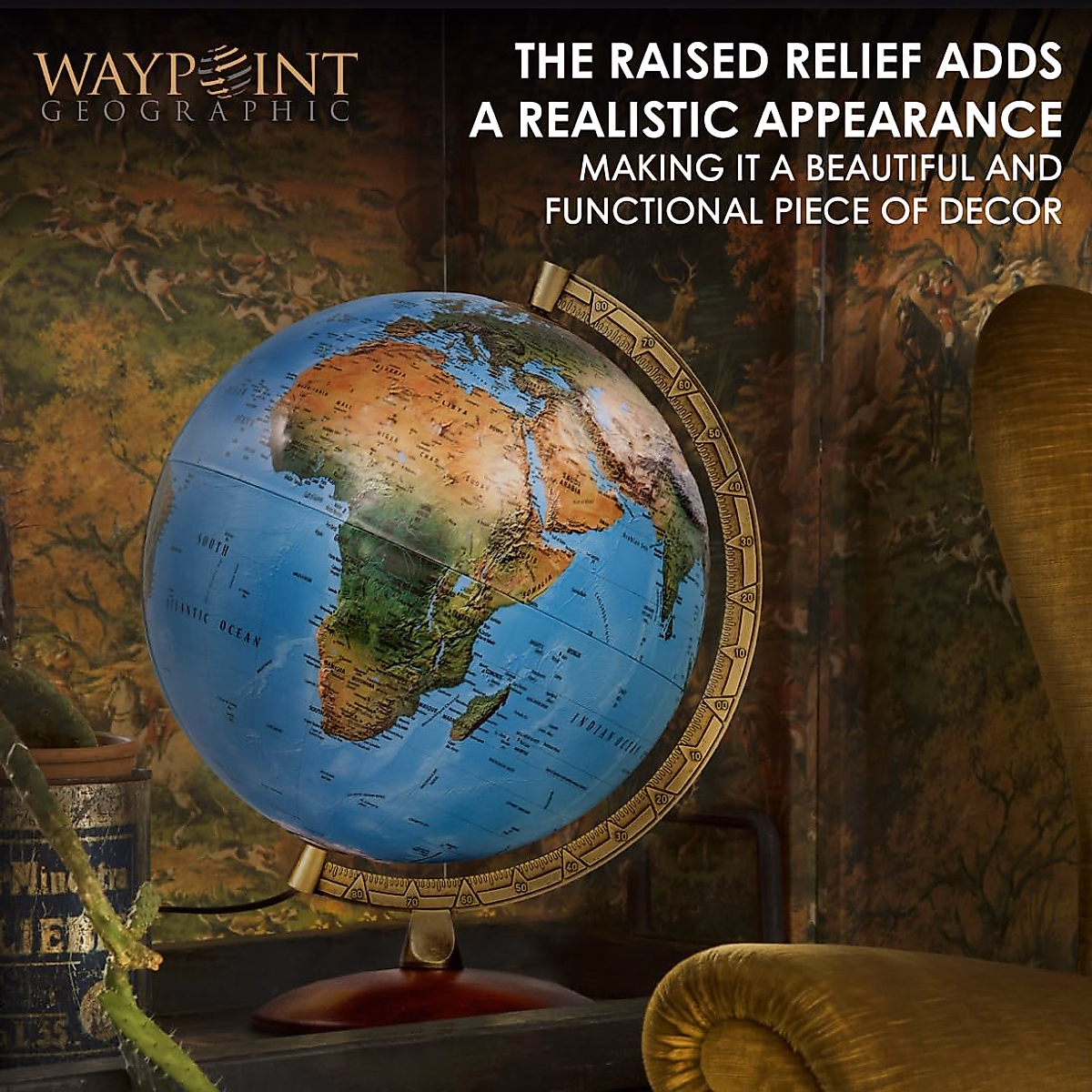 Waypoint Geographic Illuminated Desk Globe with Stand and Raised Relief Features - 1,000's of Up-to-Date Named Places & Points of Interest - Wood Stand (Blue)