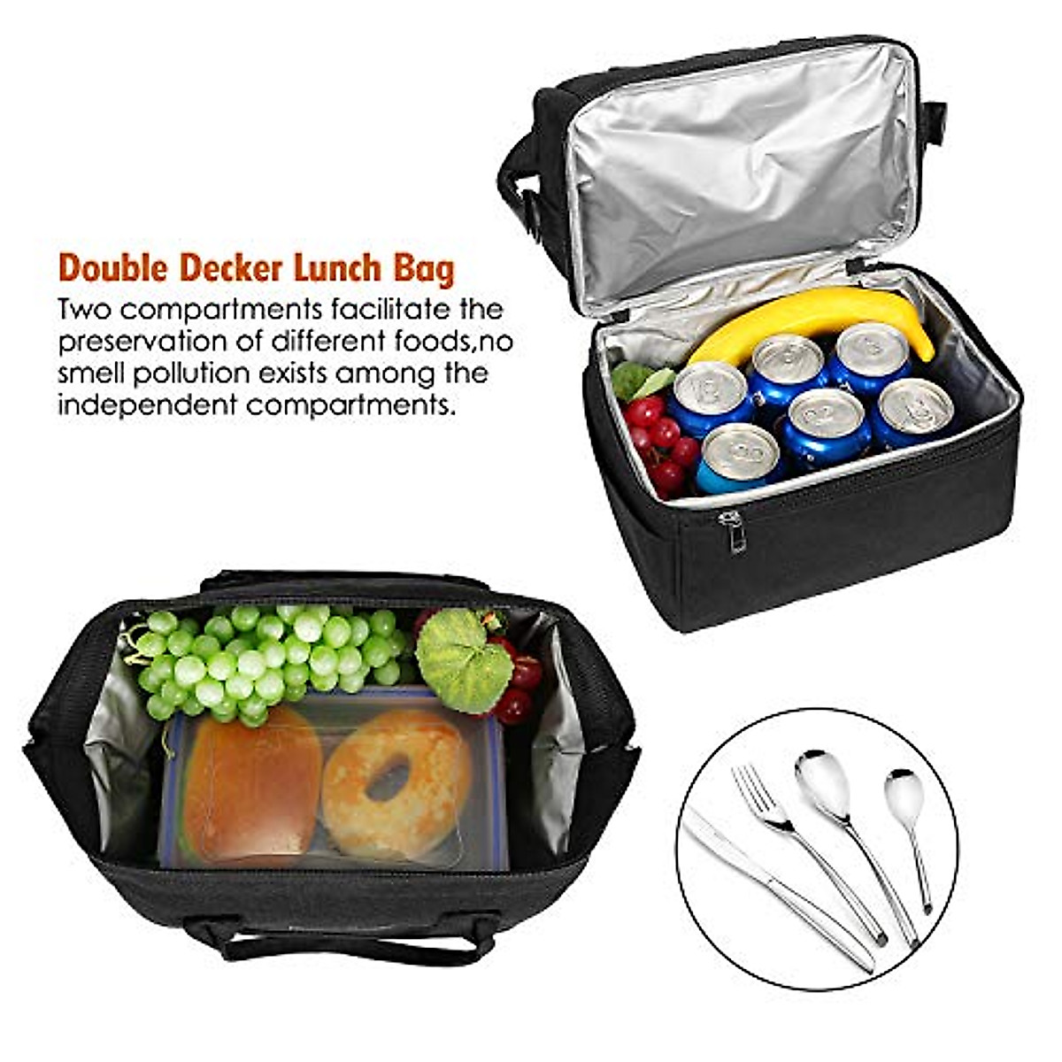 UTOTEBAG Double Deck Lunch Bag Leak Proof Insulated Lunch Box Large Cooler Tote Bag Thermal Meal Prep Organizer with Removable Strap for Men Women, Black