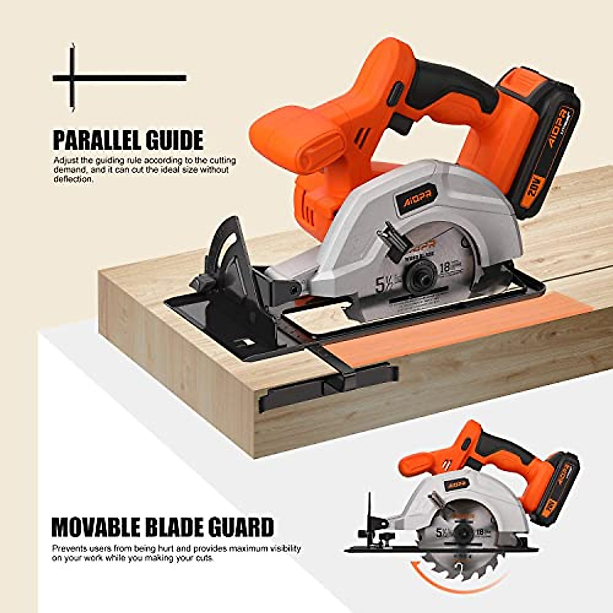 AIOPR 20V 5-1/2" Cordless Circular Saw with Rip Guide and 2 Blades (97623)