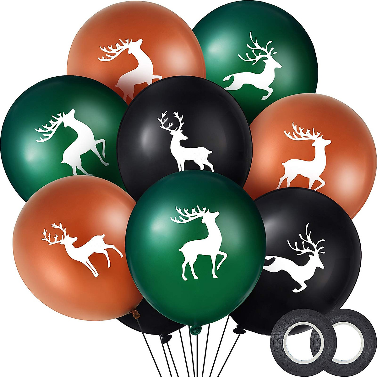Elk Buck Deer Party Balloons Set, Includes 48 Pieces Woodland Latex Deer Balloon and 2 Rolls Black Band for Deer Party Favor Supplies Decoration Lumberjack Camo