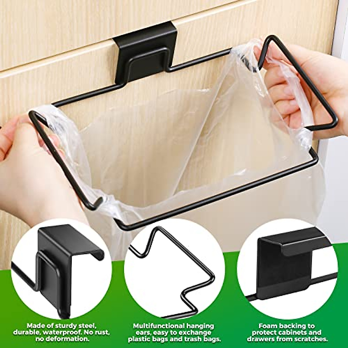 Trash Bag Holder, HNYYZL 2 Pack Trash Bag Holder for Cabinet Door and Cupboards, Stainless Steel, Black， Plastic Bag Holder under Sink, Use for Kitchen, Bathroom, Camper, Rv