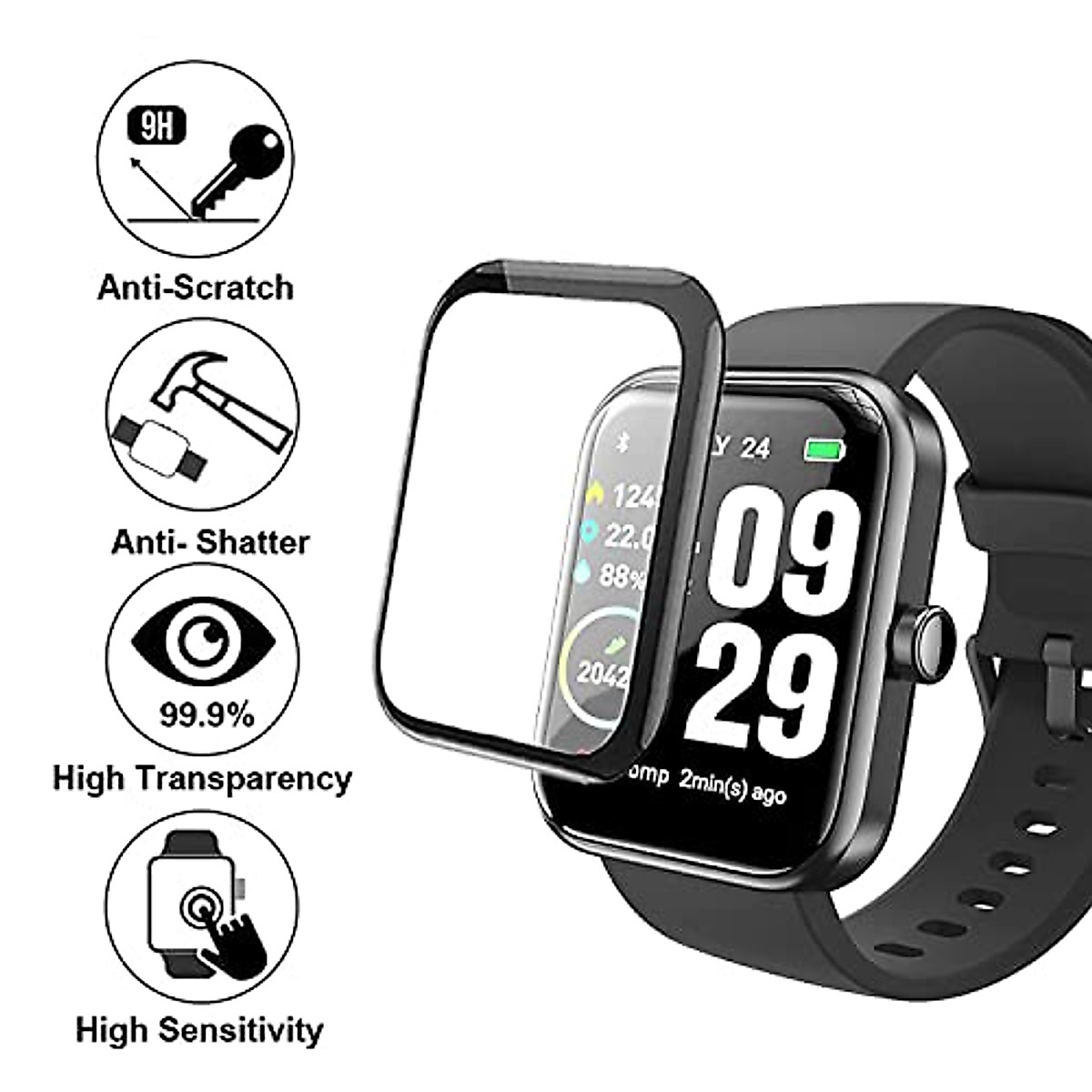 smaate Screen Protector for S2 1.69 inch, Compatible with TOZO S2 smartwatch, 3-Pack, 3D Full Coverage, Curved Edge frame, Anti-shatter, Anti-scratch