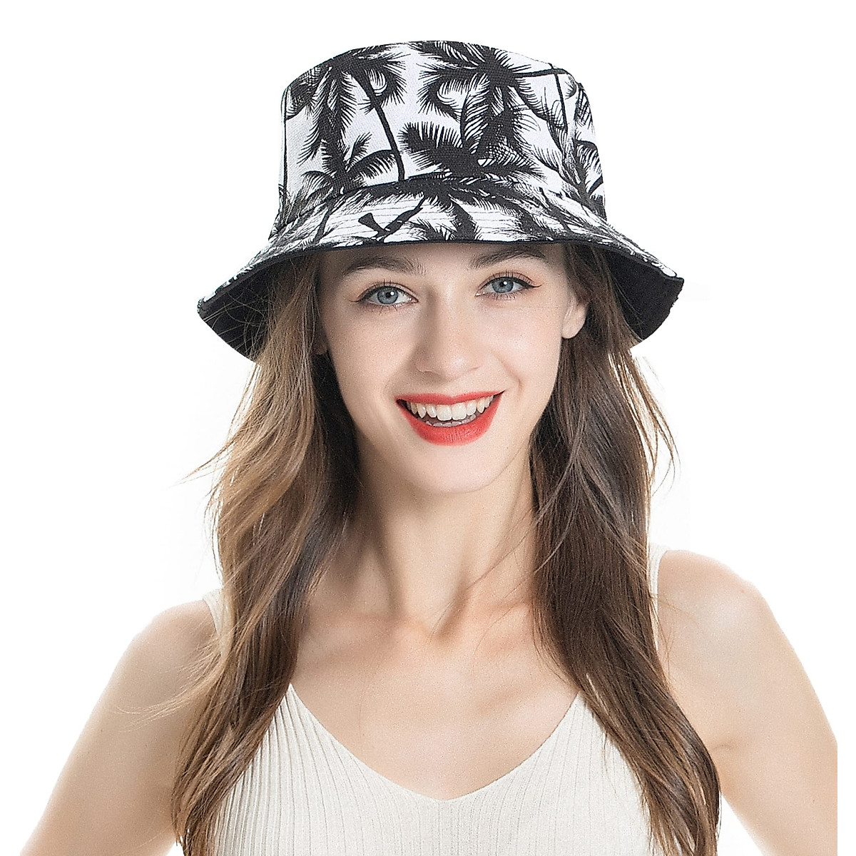 ZLYC Unisex Cute Print Bucket Hat Summer Travel Fisherman Cap for Women Men Teens (Palm Tree Black)