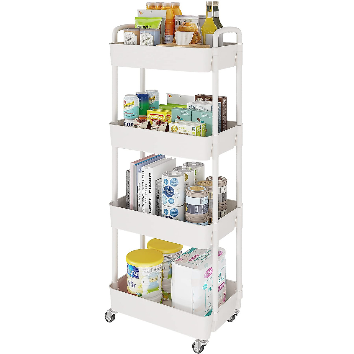 Laiensia 4-Tier Storage Cart,Multifunction Utility Rolling Cart Kitchen Storage Organizer,Mobile Shelving Unit Cart with Lockable Wheels for Bathroom,Laundry,Living Room,With Classified Stickers,White