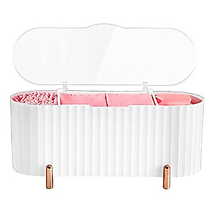 CGBE Qtips Holder, 3 Grids Separate Cotton Swabs Dispenser, Cotton Ball Holder with Clear Lid, Cotton Swab Holder Storage Box Bathroom Organizer for Cotton Pads Swabs Rounds Balls -White