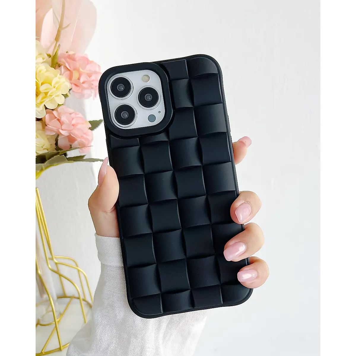 Ginkgonut Compatible with iPhone 13 Pro Max Case for Women/Girls, Cute 3D Laid Desgin Soft Silicone Shockproof Raised Bumper Corners Case for iPhone 13 Pro Max（Black）