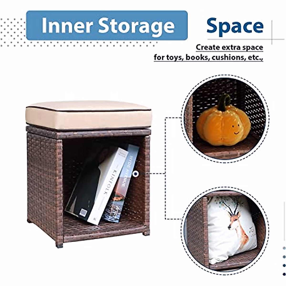 Yangming 2 Pieces Outdoor Patio Ottoman, Indoor Outdoor All Weather Rattan Wicker Ottoman Seat, Patio Rattan Furniture, Footstool Footrest Seat w/ Removable Cushions, No Assembly Required…