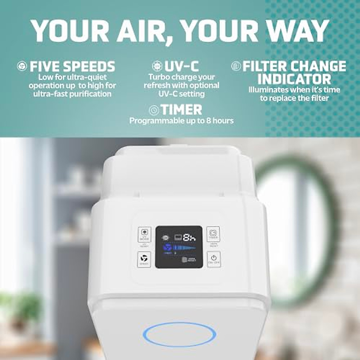 GermGuardian Air Purifier for Home, Large Rooms, H13 HEPA Filter, Removes Dust, Allergens, Smoke, Pollen, Odors, Mold, UV-C Light Helps Reduce Germs, 28 Inch, White, AC5350W