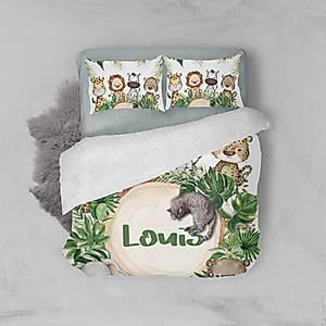 XIUCOO Personalized Adorable Jungle Safari Animals Duvet Cover Sets with Name Bedding Set 3 Pcs Quilt Cover with Zipper for Adult Birthday Gift,Queen Size