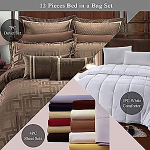 sheetsnthings Janet Jacquard 12PC Queen Size Bed in a Bag (Duvet Cover Set with Bed Sheets) Multi-Tone of Charcoal Brown and Beige