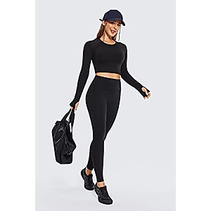 VANTONIA Women's Seamless Long Sleeve Crop Top Cute Workout Yoga Top Breathable Sports Running Gym Shirts with Thumb Holes Dark Black Marl X-Large