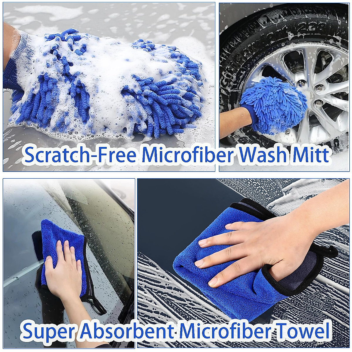 Lsyomne 62'' Car Wash Brush with Long Handle, Scratch-Free Soft Bristles Sturdy Car Wash Brush, Complete Cleaning Kit with Car Wash Mop Mitt Towel Windshield Squeegee Wheel Tire Brush for Car Truck RV