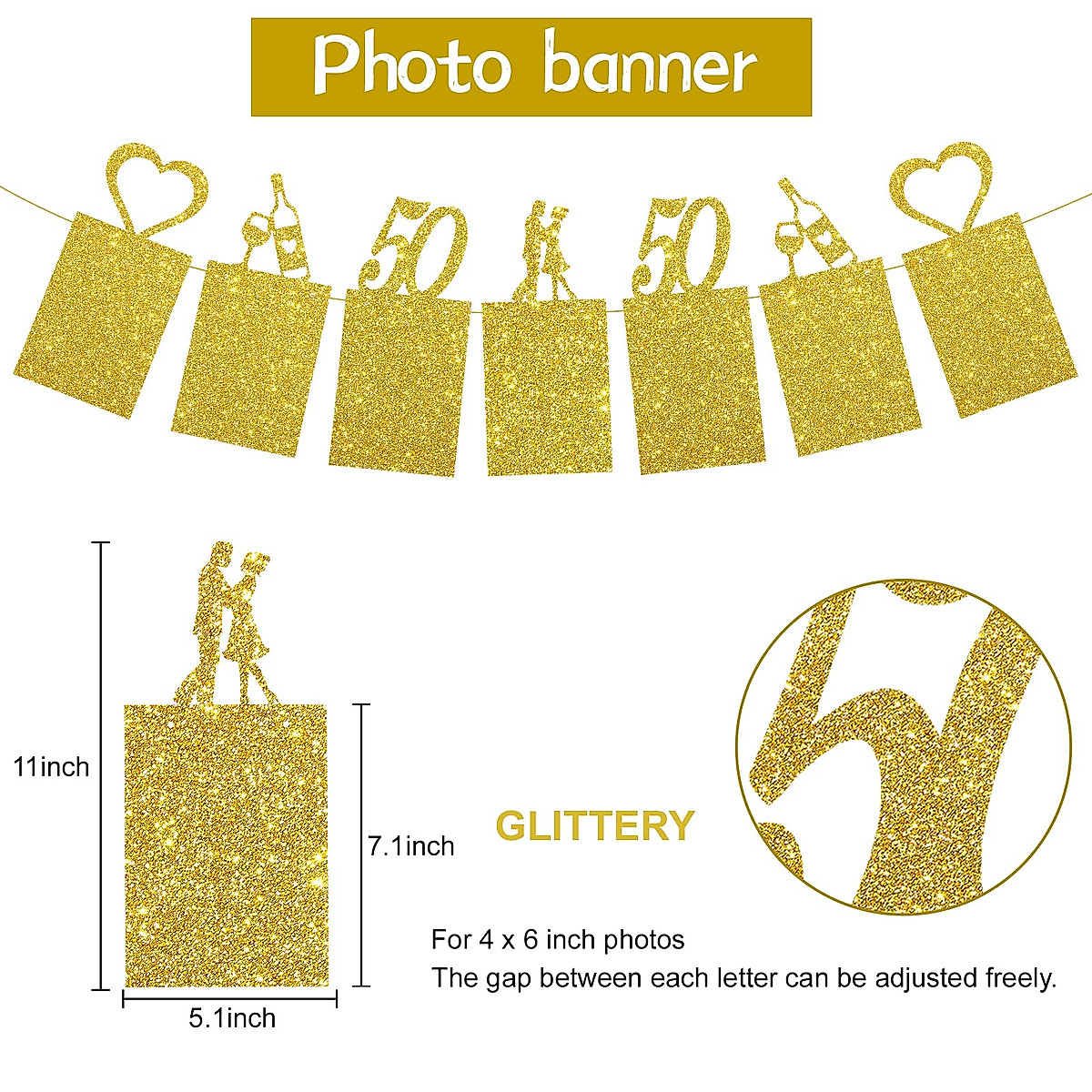 Pimvimcim Gold Glitter 50th Anniversary Banner Decorations, Happy 50th Wedding Anniversary Banner and Photo Banner Party Supplies, 50 Year Anniversary Party Picture Banner Decor