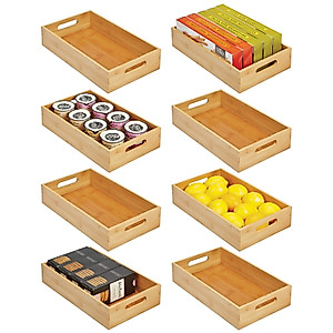 mDesign Wide Bamboo Kitchen Cabinet & Fridge Drawer Organizer Tray - Storage Bin with Handles for Cutlery, Serving Spoons, Cooking Utensils, Appliances - Echo Collection, 8 Pack, Natural Wood