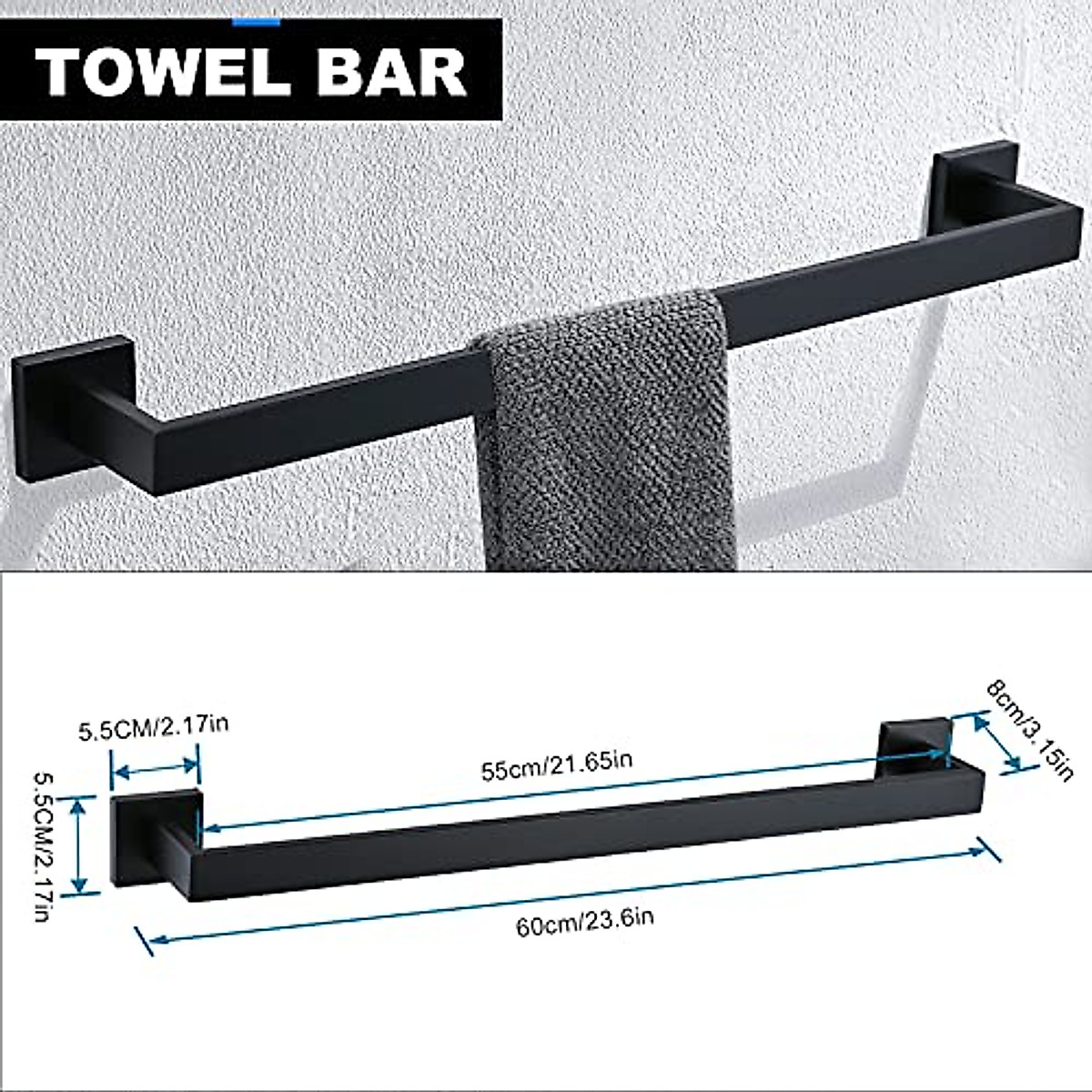 YACVCL 5-Piece Bathroom Hardware Accessories Set 23.6 inch Towel Bar Towel Rack Sets Modern Towel Ring Kit Stainless Steel Wall Mounted (Matte Black)