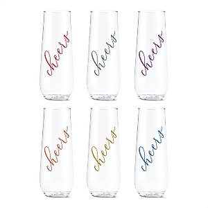 TOSSWARE POP 9oz Flute Classic Cheers Series - Color, SET OF 6, Premium Quality, Recyclable, Unbreakable & Crystal Clear Plastic Printed Champagne Glasses