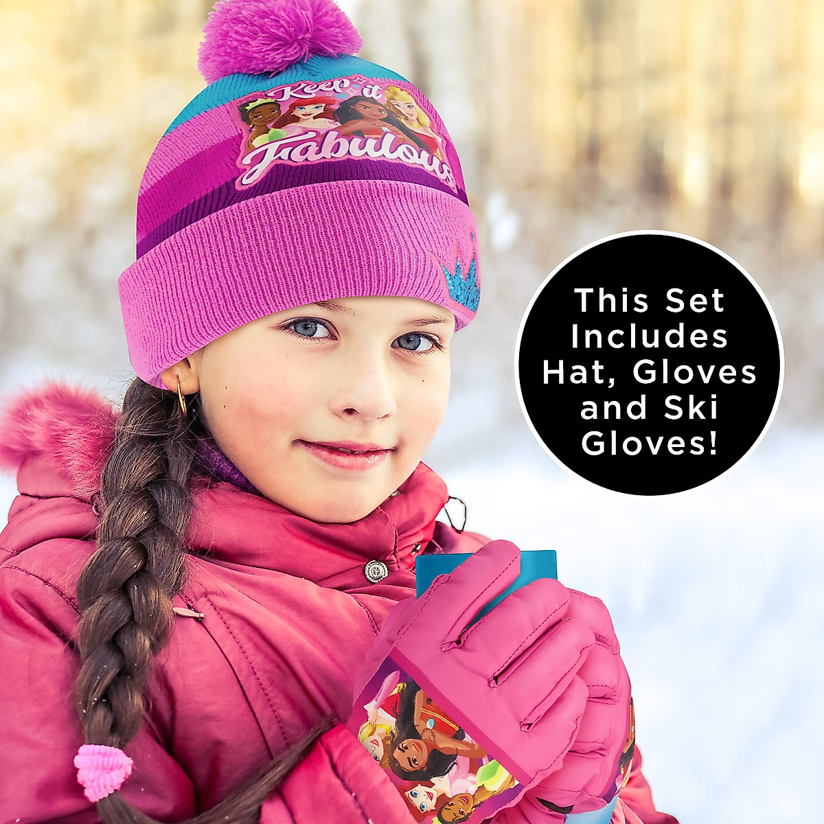 Disney Girls Winter Hat with Knit Gloves and Insulated Ski Glove Set, Princess For Ages 4-7