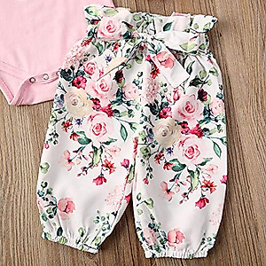 Newborn Baby Girls Easter Outfit Long Sleeve Bunny Print Romper + Floral Pants + Bow Headband 3pcs Set (Light Pink, 6-12m)