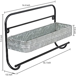 MyGift Silver Galvanized Metal Floating Shelf and Towel Bar with Black Metal Frame, Decorative Wall Display Shelf