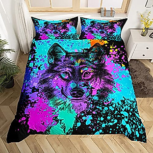 Erosebridal Wolf Bedding Set Full Size Tie Dye Duvet Cover Safari Animals Print Comforter Cover for Kids Boys Juvenile Splash Graffiti Hip Hop Bedspreads Cover with 2 Pillow Cases Colorful Teal Black