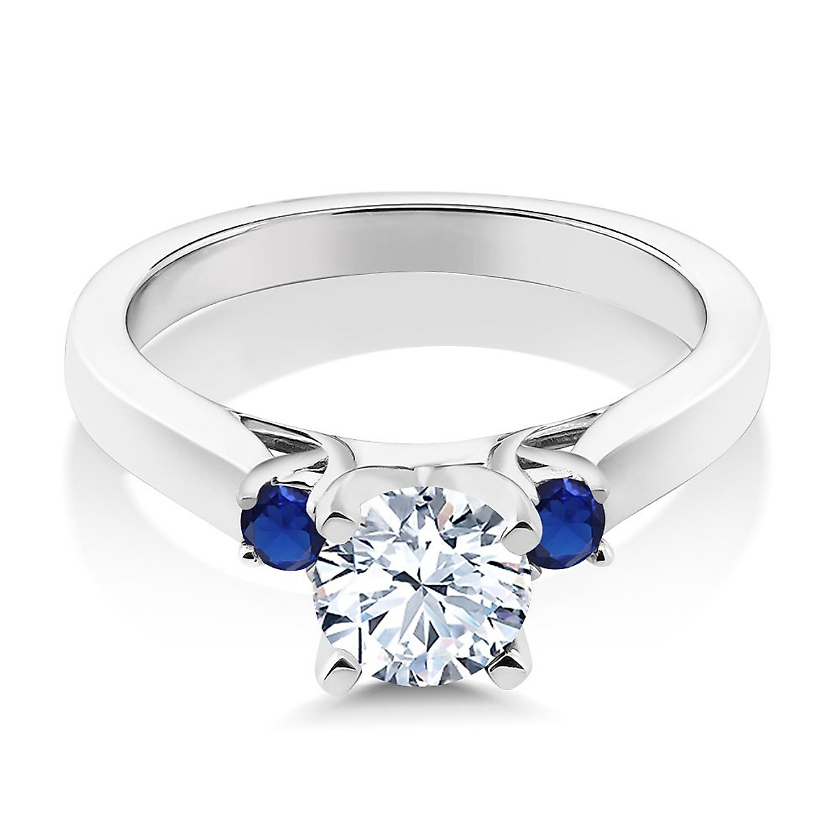 Gem Stone King 925 Sterling Silver White Zirconia and Blue Created Sapphire 3-Stone Engagement Ring For Women (1.76 Cttw, Round 6MM, Gemstone Birthstone, Size 7)