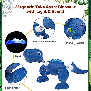 ThinkMax Magnetic Dinosaur Toys for Kids, Take Apart toys with Light, Roar Sound, Play Mat & Painting Kit, Kids Trex Christmas Birthday Gifts for Boys Girls 2 3 4 5 Year Old, Medium, Green Blue Purple