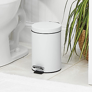 mDesign Pedal Bin — Metal Waste Bin with Pedal, Lid and Plastic Bucket Insert — for Bathroom, Kitchen, and Office — 3 Litre Household Rubbish Bin with Ergonomic Design — White